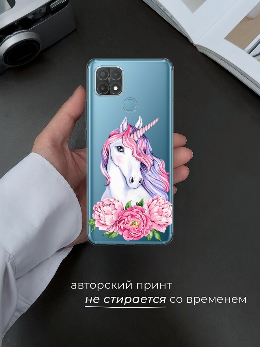 Чехол на Oppo A15/A15s / Оппо А15/A15s с принтом "Единорог с пионами", прозрачный — фото 1