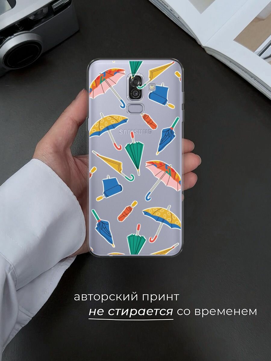 Чехол на Samsung Galaxy J8 / Самсунг Галакси Джей 8 с принтом "Зонты паттерн", прозрачный — фото 1