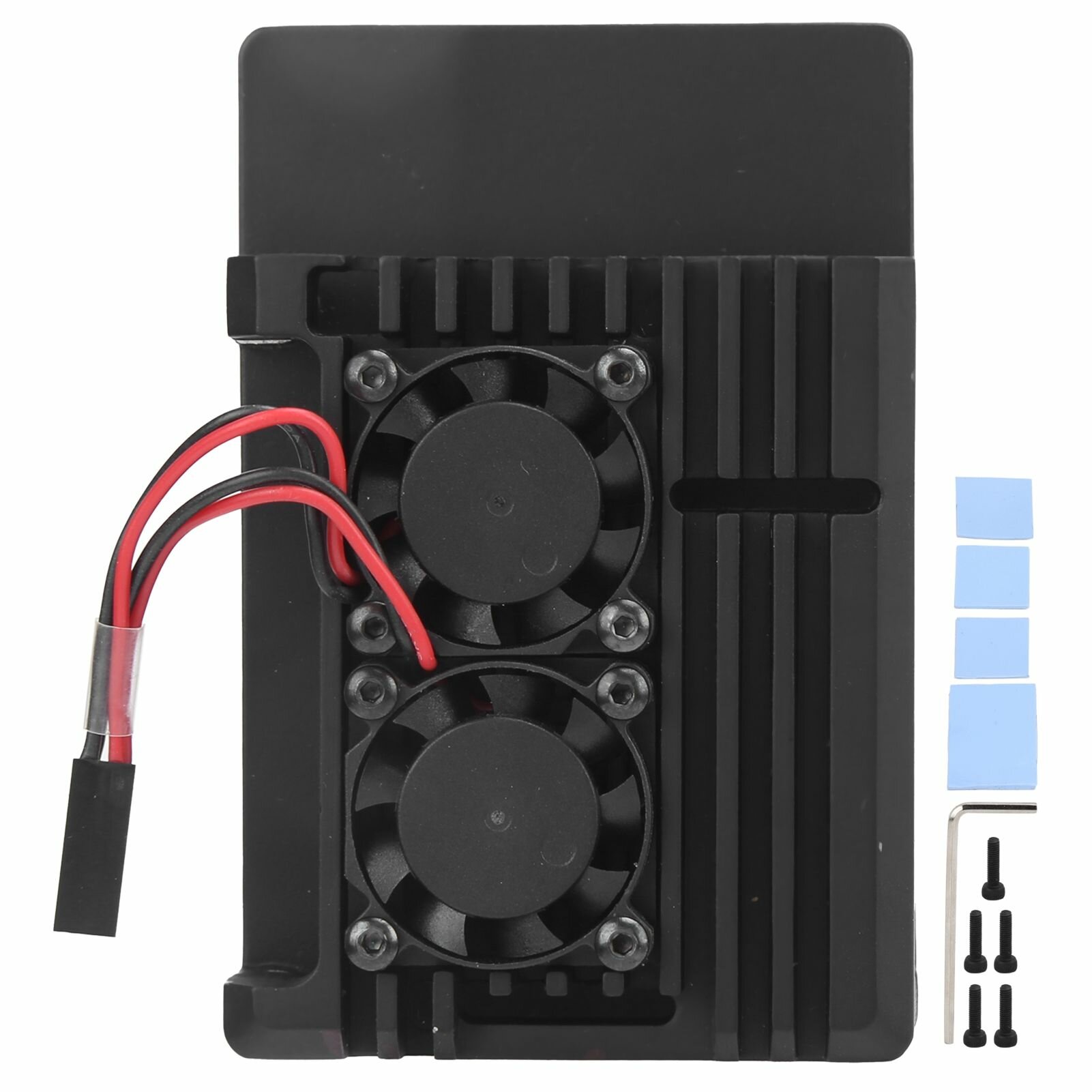 Для Raspberry Pi 4B корпус из черного алюминиевого сплава 85x56,5x20 мм с термолентой, два вентилятора