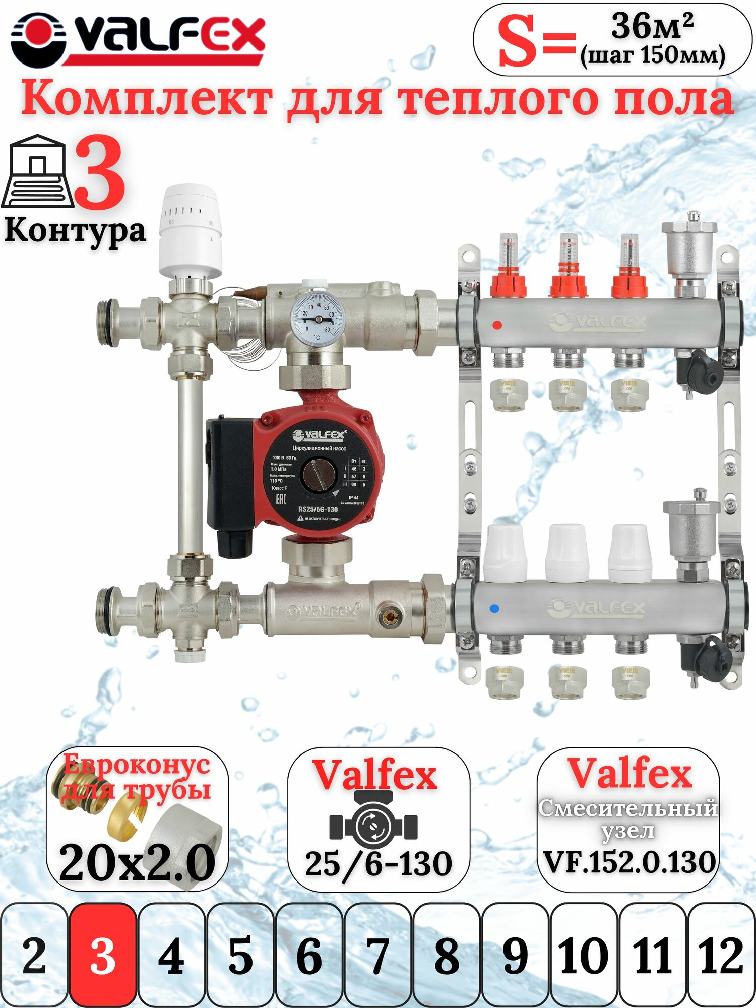 Комплект тёплого пола на 3 контура VALFEX (Коллектор на 3 выхода+Насос+НСУ c байпасом+Евроконусы 20х2,0)