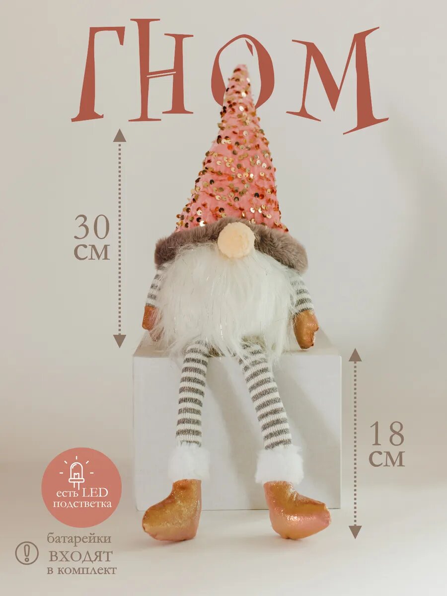 Игрушка под елку Фигурка Гном новогодний с подсветкой