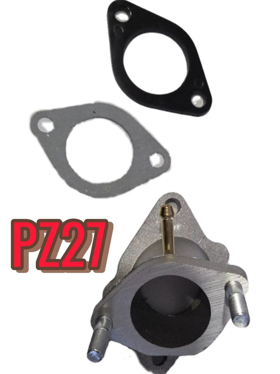 Патрубок карбюратора PZ 27 (кривой/вогнутый), дюраль, серебристый, для мотоцикла, 1 шт