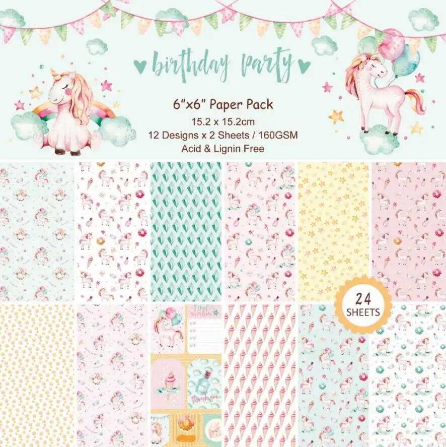 Бумага для скрапбукинга «сделай сам» с единорогом, упаковка из 24 листов, крафт-бумага ручной работы, фоновый блокнот k993