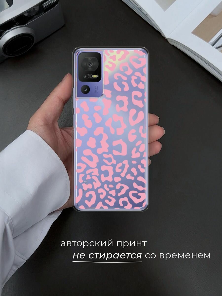 Чехол на TCL 40 SE / ТСЛ 40 SE с принтом Паттерн розовый леопард, прозрачный — фото 1