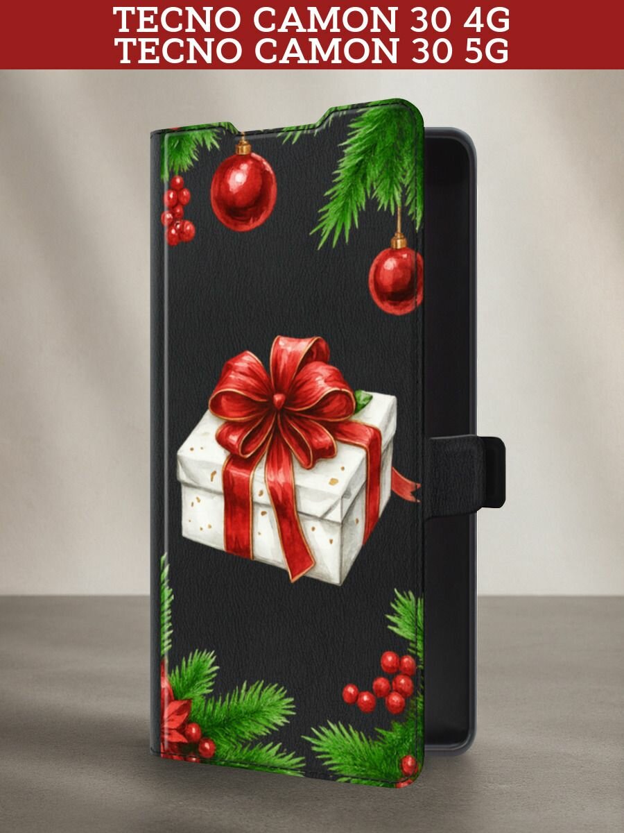 Чехол-книжка на Tecno Camon 30 4G/Tecno Camon 30 5G / Текно Камон 30 4G с рисунком Подарок с красной лентой, черный