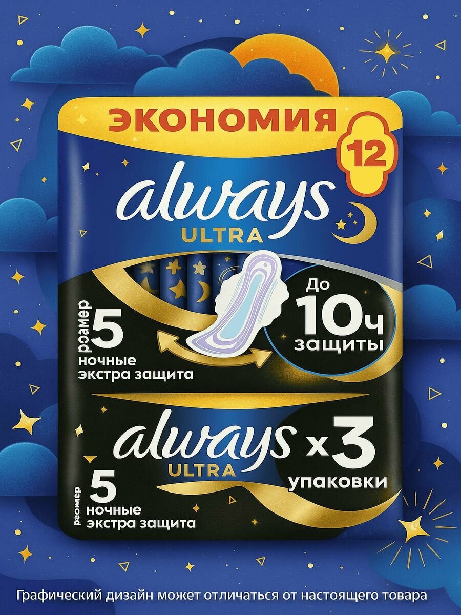 Прокладки ночные ALWAYS Ultra Night Экстра защита, с крылышками, 12шт x 3 упаковки