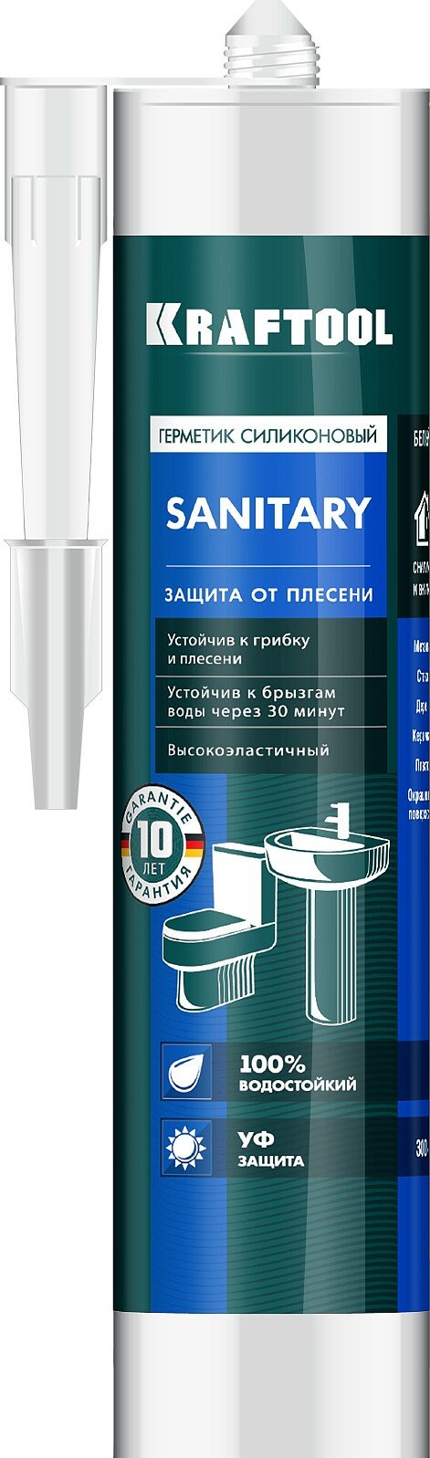 KRAFTOOL SANITARY, 300 мл, белый, санитарный силиконовый герметик (41255-0) 6шт