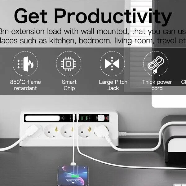 30W Быстрая зарядка Удлинитель 4 розетки + 3 USB (Type-C PD) Мощный сетевой фильтр 3680Вт Зарядка ноутбуков и гаджетов Угловой с ночникомy