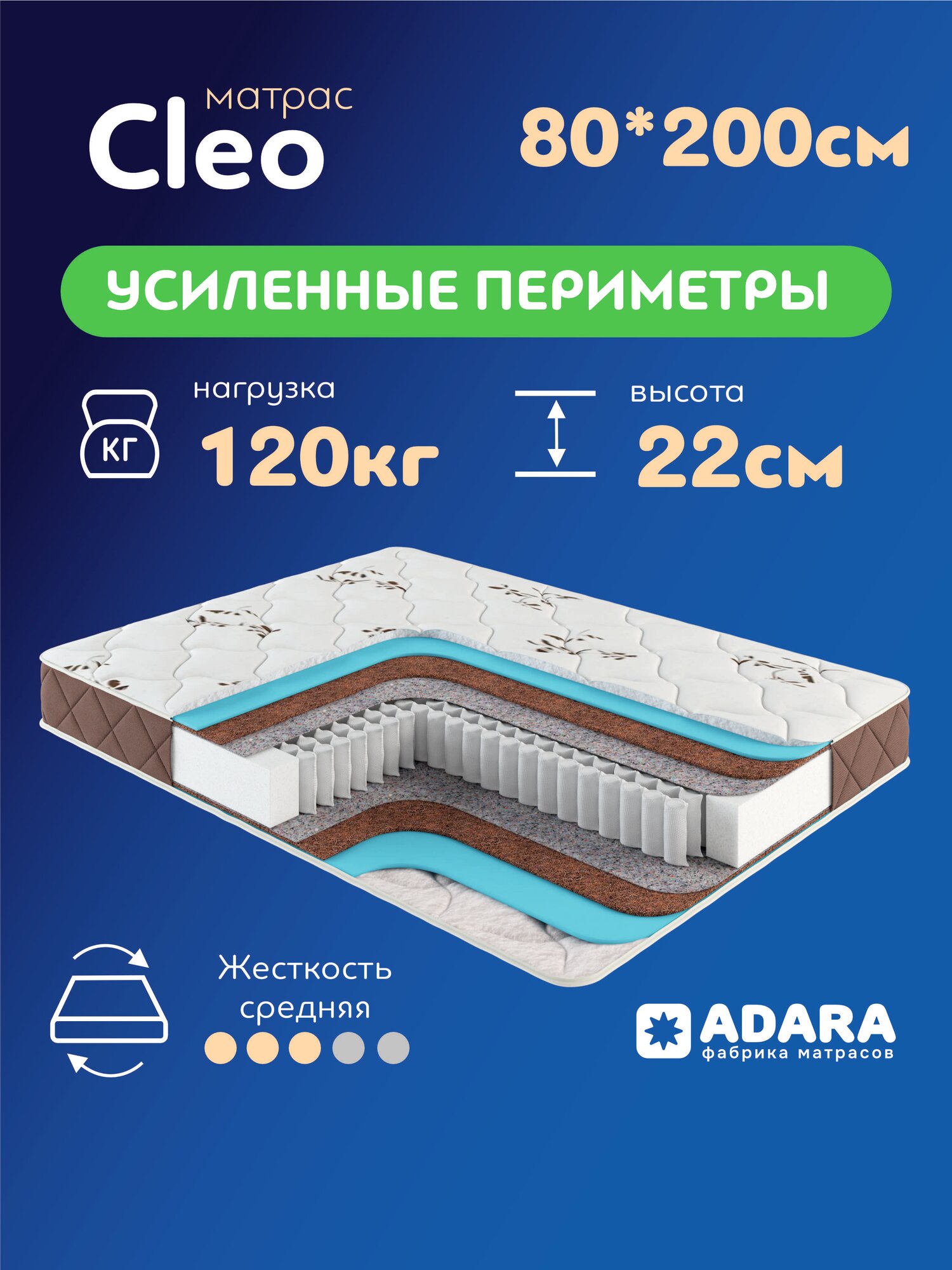 Матрас Sleep Cleo 80х200 см, ортопедический, с кокосовой койрой, средней жесткости, 512 независимые пружины
