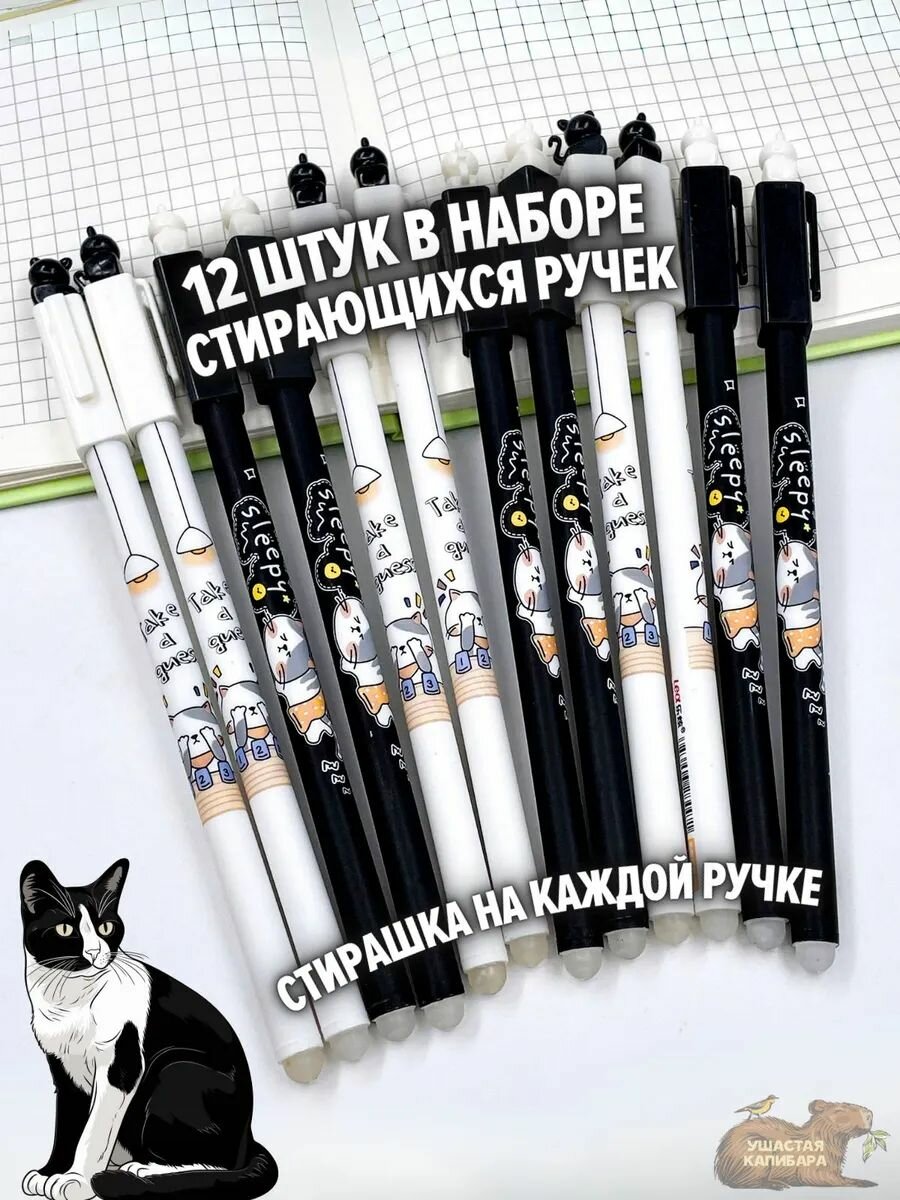 Стирающиеся Ручки Спящие Котики "Пиши-Стирай" Набор 12шт для Детей и Школы