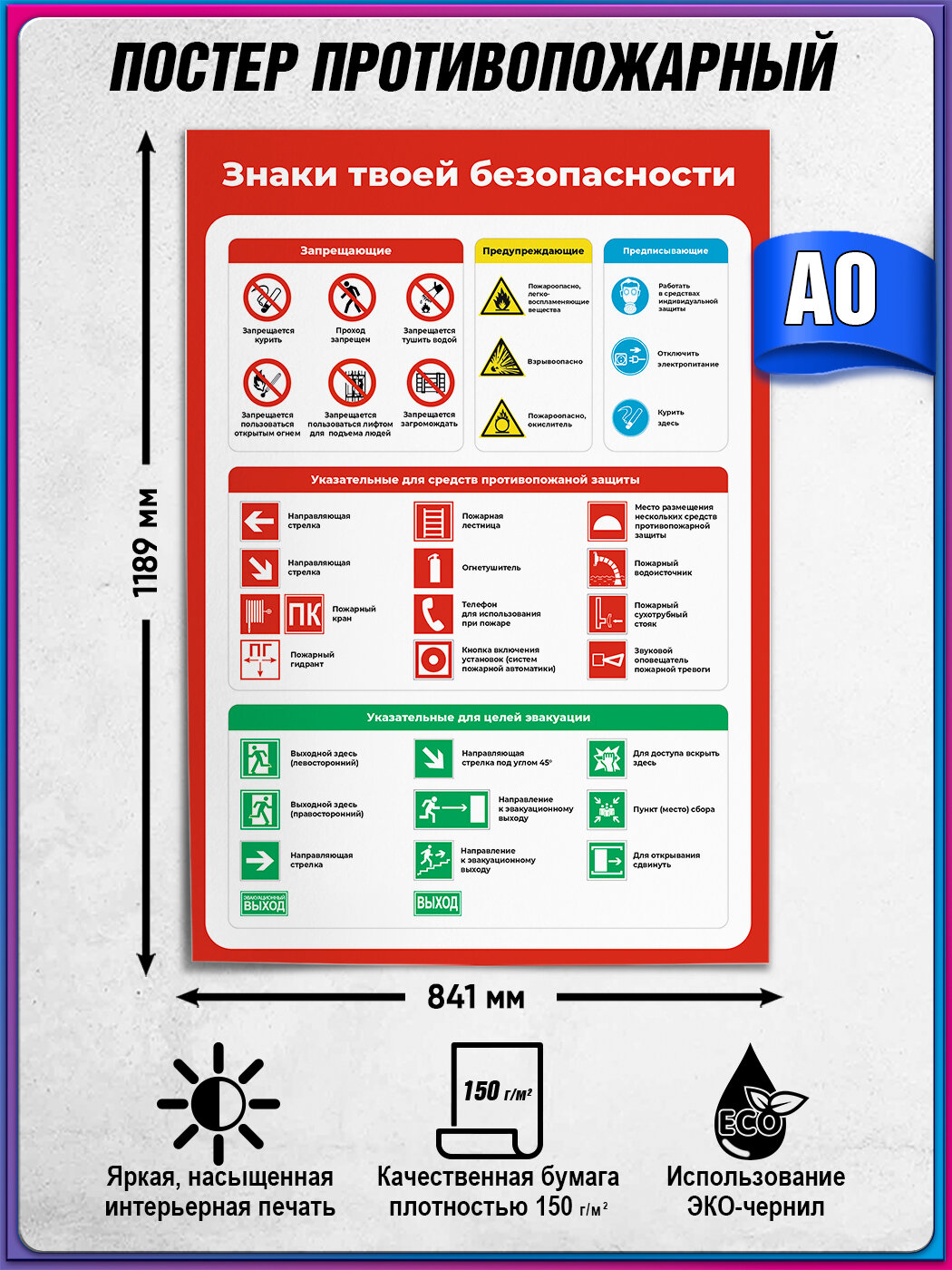 Плакат "Знаки твоей безопасности" / Постеры противопожарной безопасности / А-0 (84x119 см.)