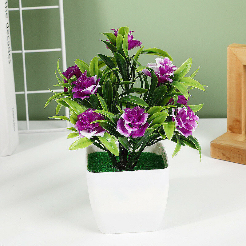 Faux rose and starflower green plant with pot for office space and home interior stylec