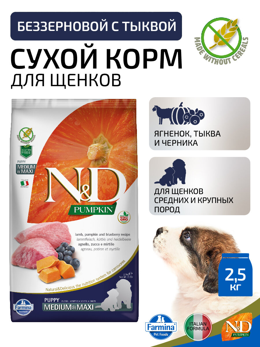 Сухой беззерновой корм для щенков средних и крупных пород Farmina N&D Pumpkin Puppy Medium & Maxi с ягненком, черникой и тыквой, 2,5 кг