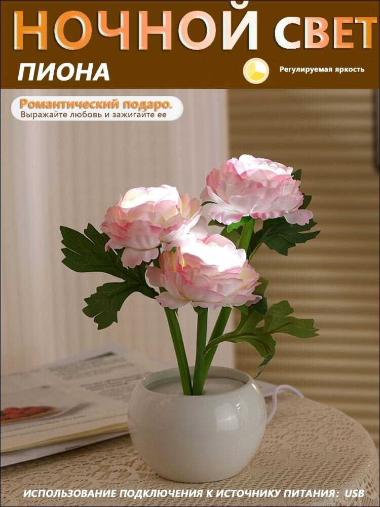 Ночник-пион, керамический светильник с регулируемой яркостью для создания романтической атмосферы в спальне