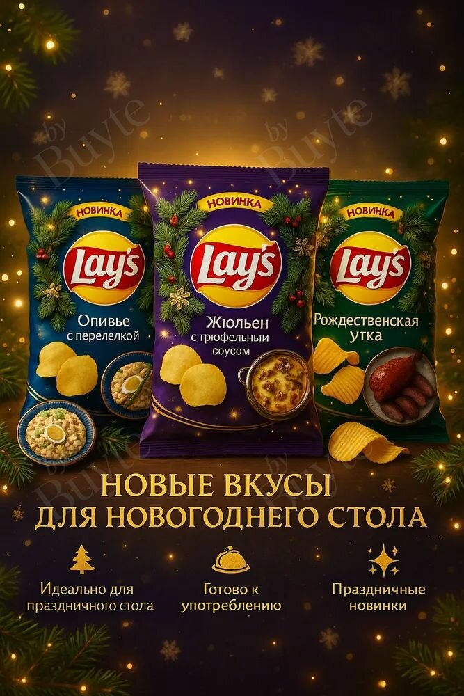 Чипсы картофельные Lay's/ Лейс Жюльен с трюфельным соусом/Оливье с перепелкой/Рождественская утка, 3 пачки