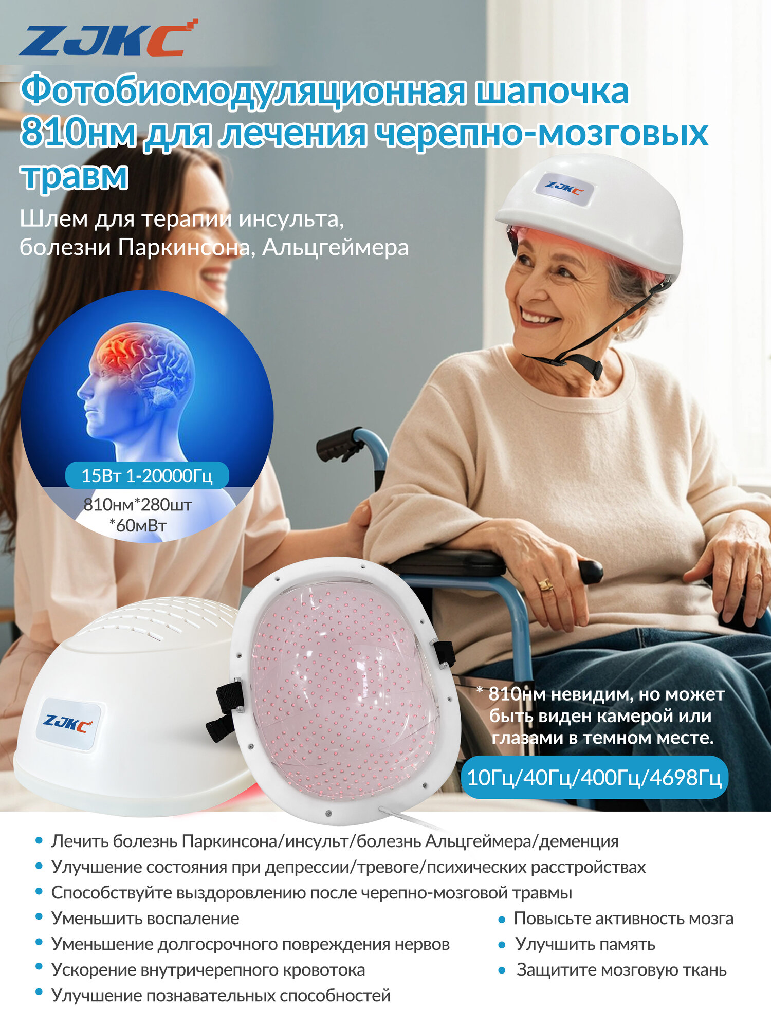 Шлем для стимуляции мозга PBM 1-20000 Гц, терапия NIR-светом при депрессии и бессоннице