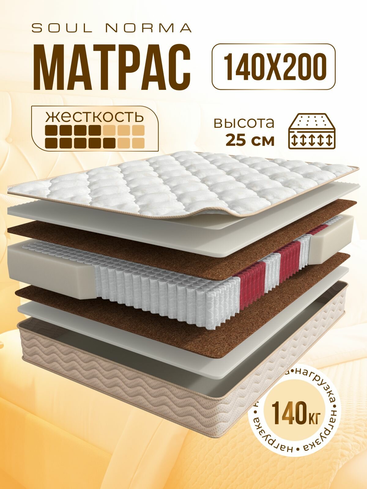 Матрас ортопедический пружинный 140х200 см SOUL Norma, независимые пружины, высота 25 см, 1 шт, белый