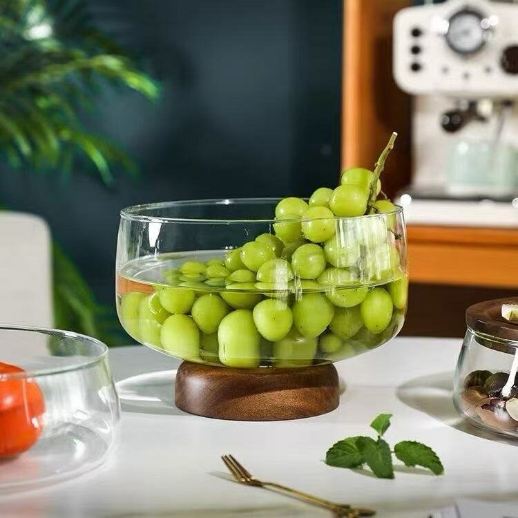 Фруктовница, Универсальная стеклянная чаша на деревянной основе для фруктов и салатов, 3.5 л
