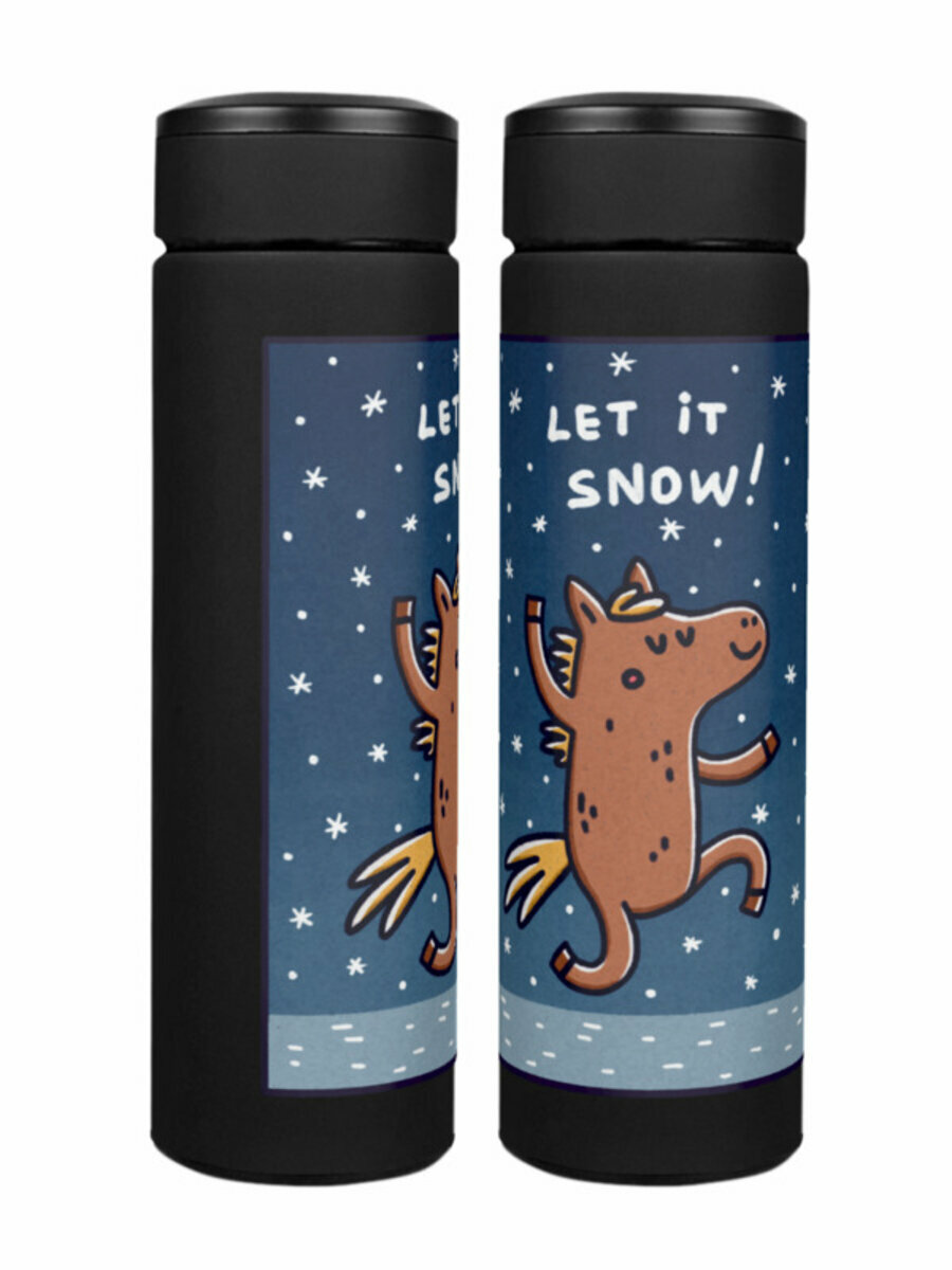 Термос «Конь и снег. Новый год. Надпись. Юмор. Let it snow» (черный)
