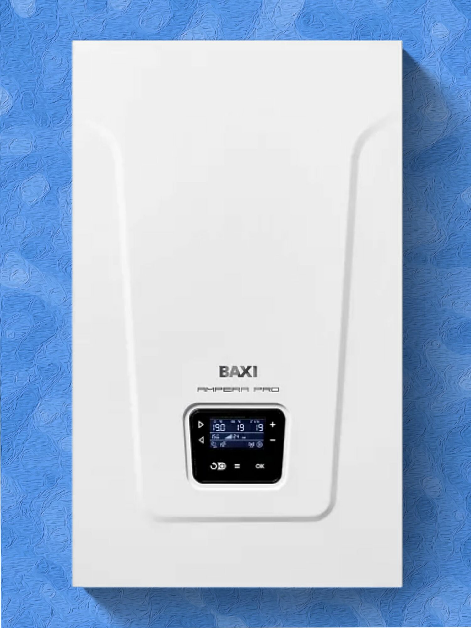 Электрический котел настенный 12 кВт Baxi Ampera Pro 12, одноконтурный, для отопления, ТЭН, 6 ступеней модуляции, КПД 99%, твердотельные реле, ЖК-дисплей, белый, котел BAXI