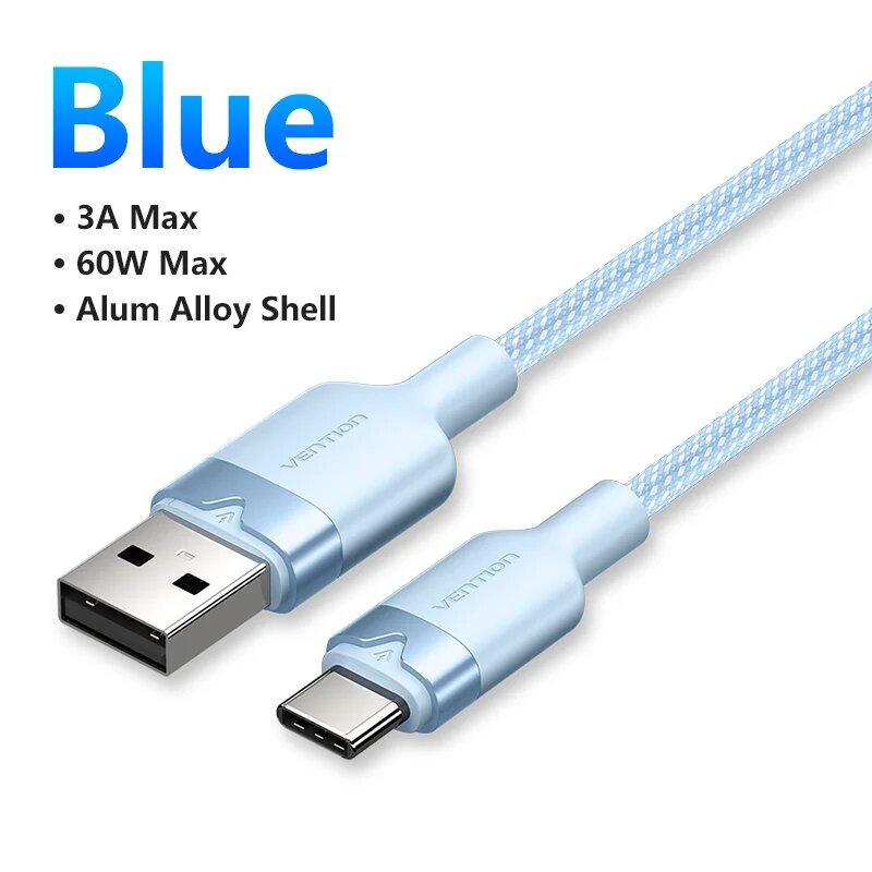 Кабель Vention USB-C 3A, 2м, Blue, Aluminum