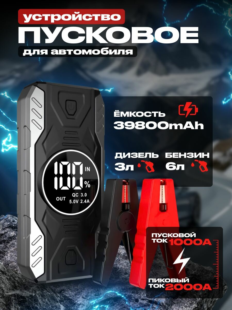 Пусковое устройство для автомобиля портативное мощное 12в / бустер автомобильный пусковой