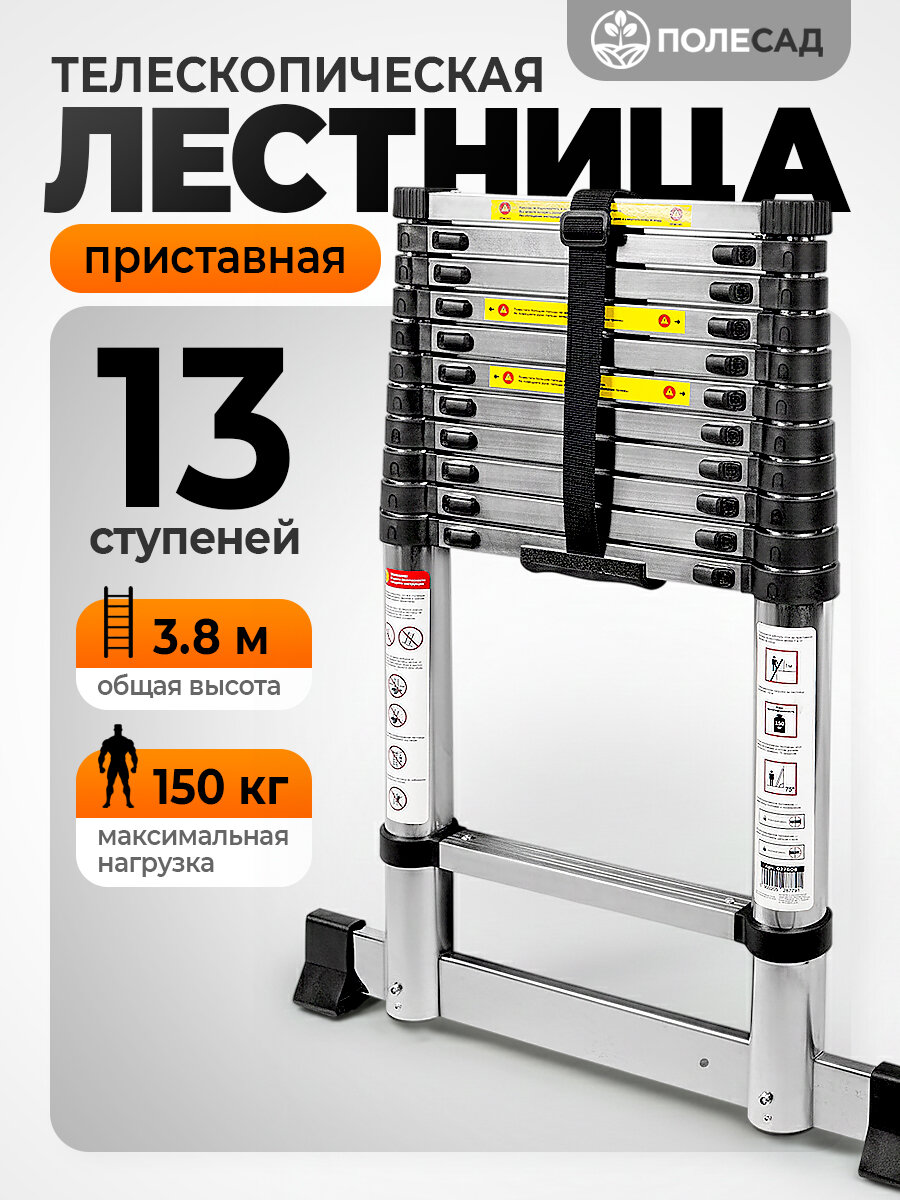 Лестница полесад "Комфорт", нержавеющая сталь, 13 ступеней, нагрузка 150кг, телескопическая, 3.8м