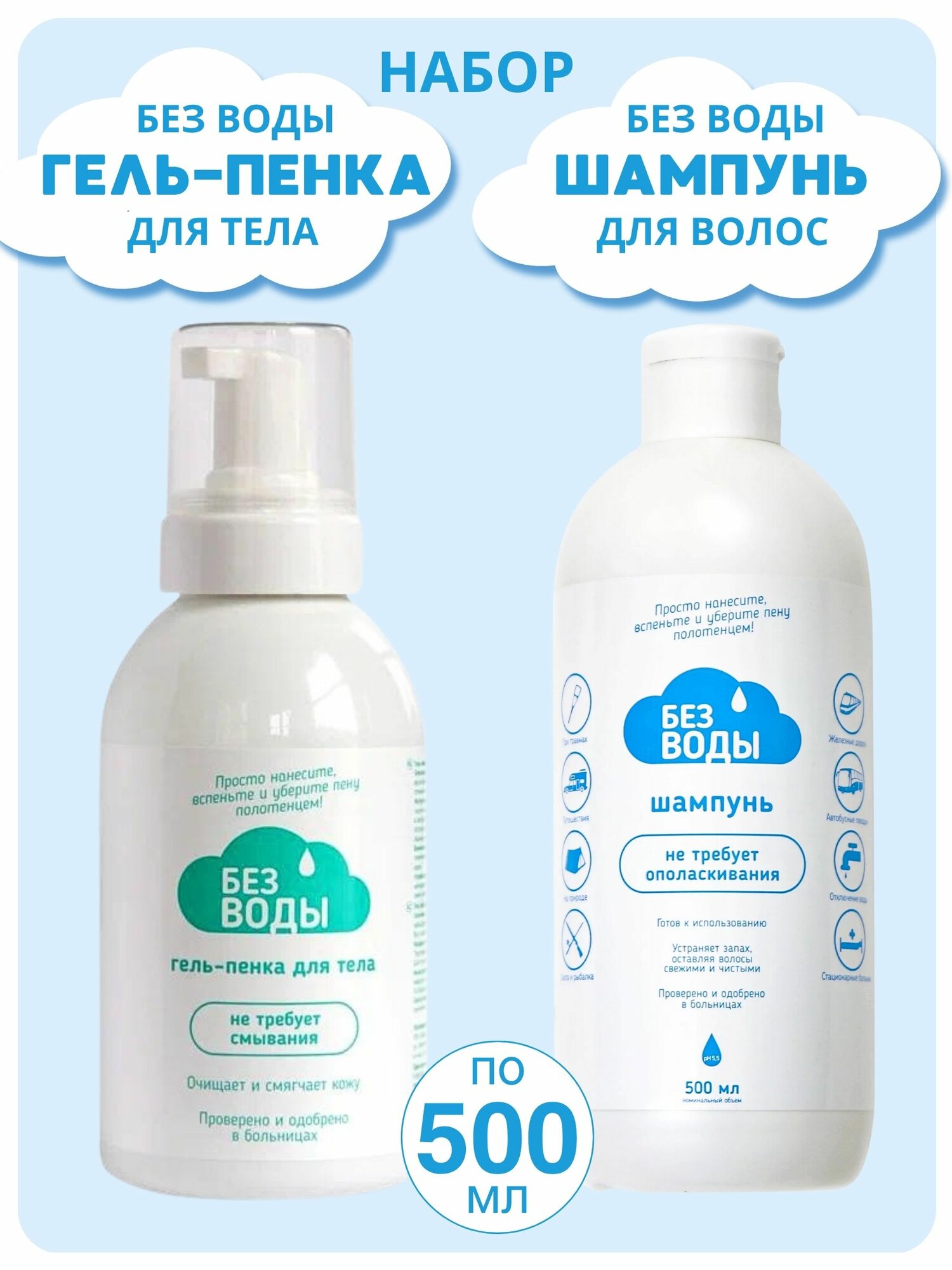 Комплект гель-пенка для тела + шампунь для мытья волос «без воды» 500 мл