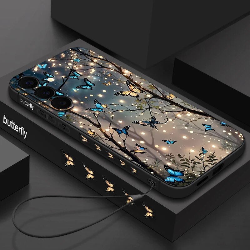 Чехол для Samsung Galaxy S23+ бабочки светящийся, черный, с lanyard