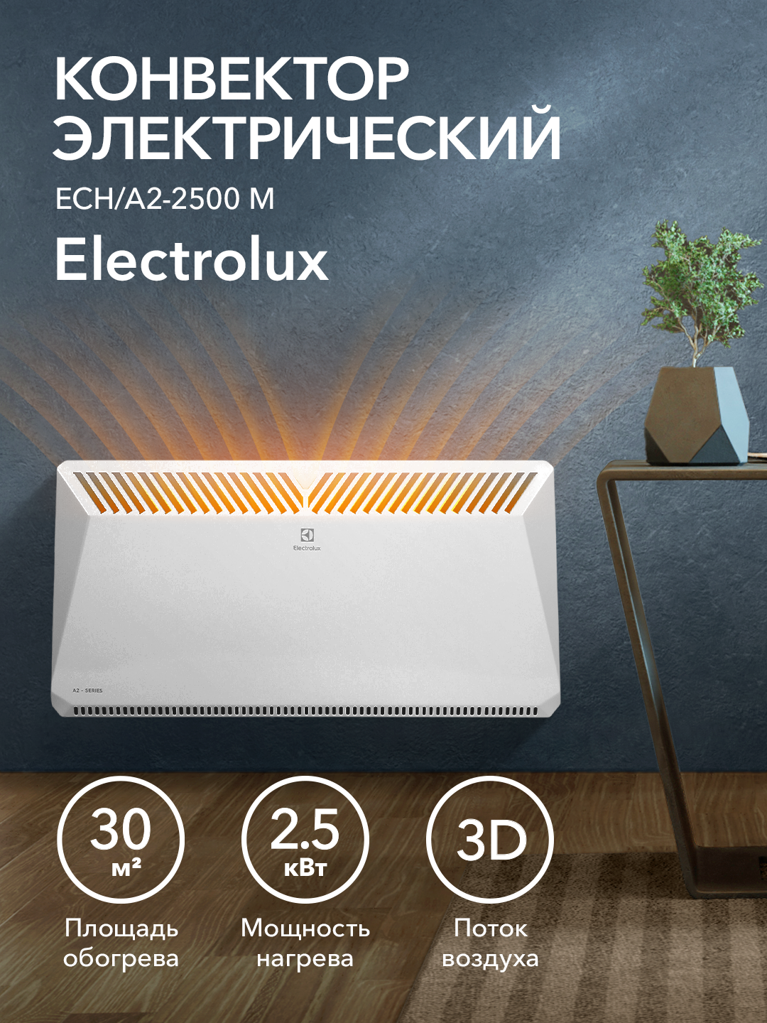 Конвектор Electrolux ECH/A2-2500 M, настенный, регулировка температуры, белый