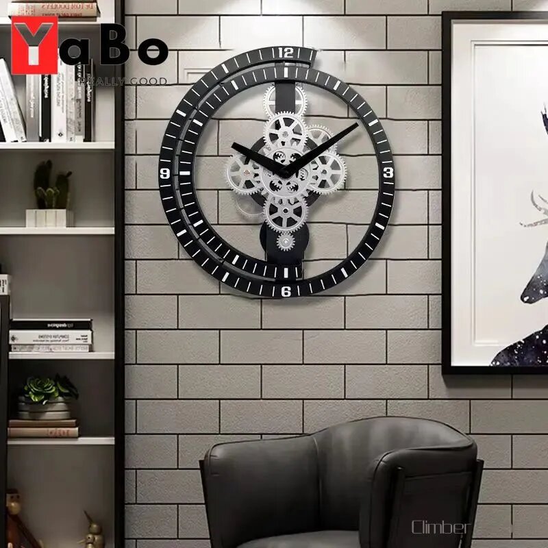YABO Настенные часы 37 см, Черный круглый металлический корпус, часы для гостиной