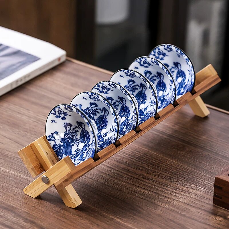 Сине-белые конические чашки для кунг-фу чая, набор из 6 штук с подставкой, керамические чашки с полноцветной имитацией