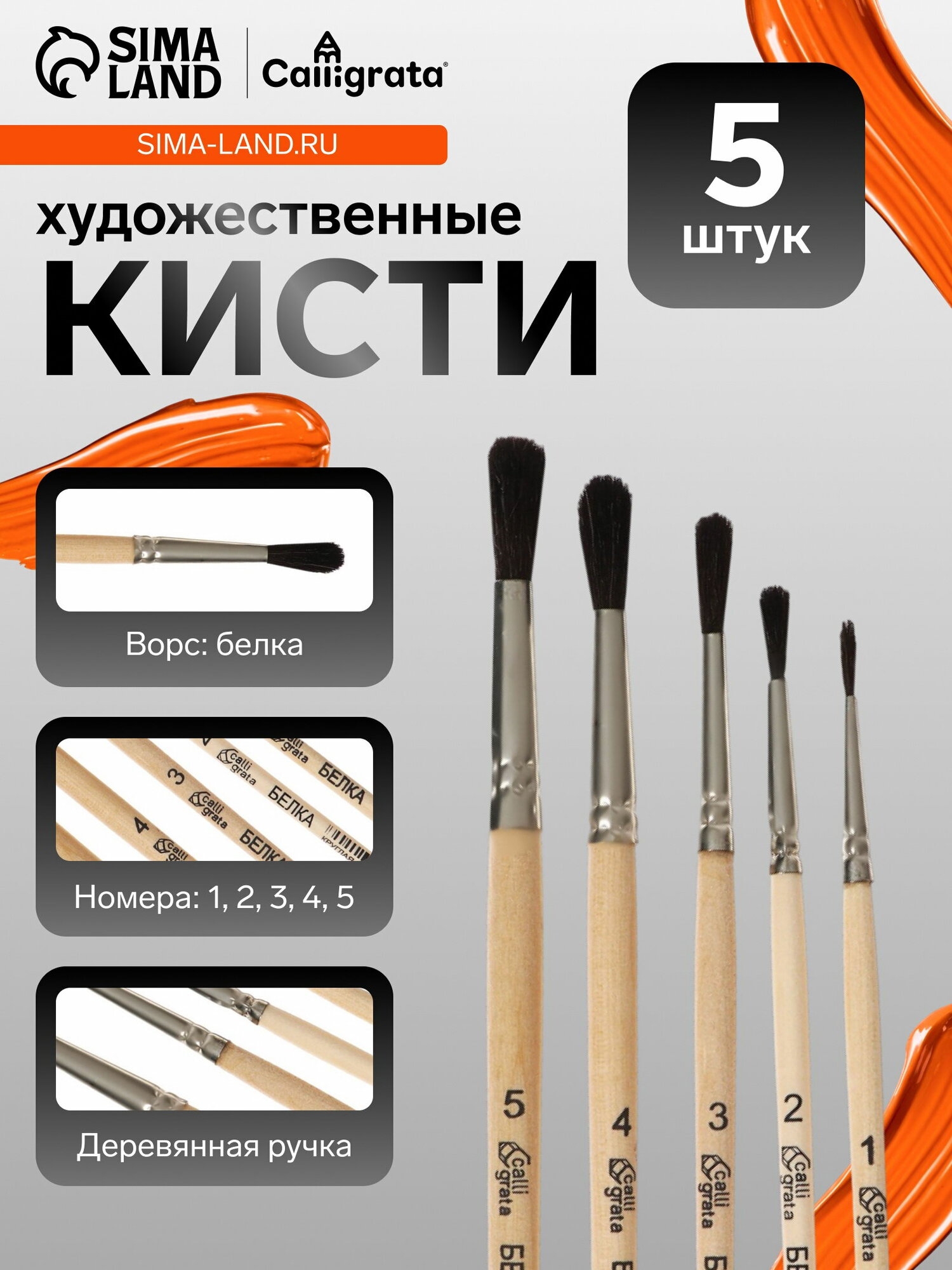Набор кистей для рисования, белка, 5 штук: №: 1, 2, 3, 4, 5, круглые, деревянная ручка, в пакете