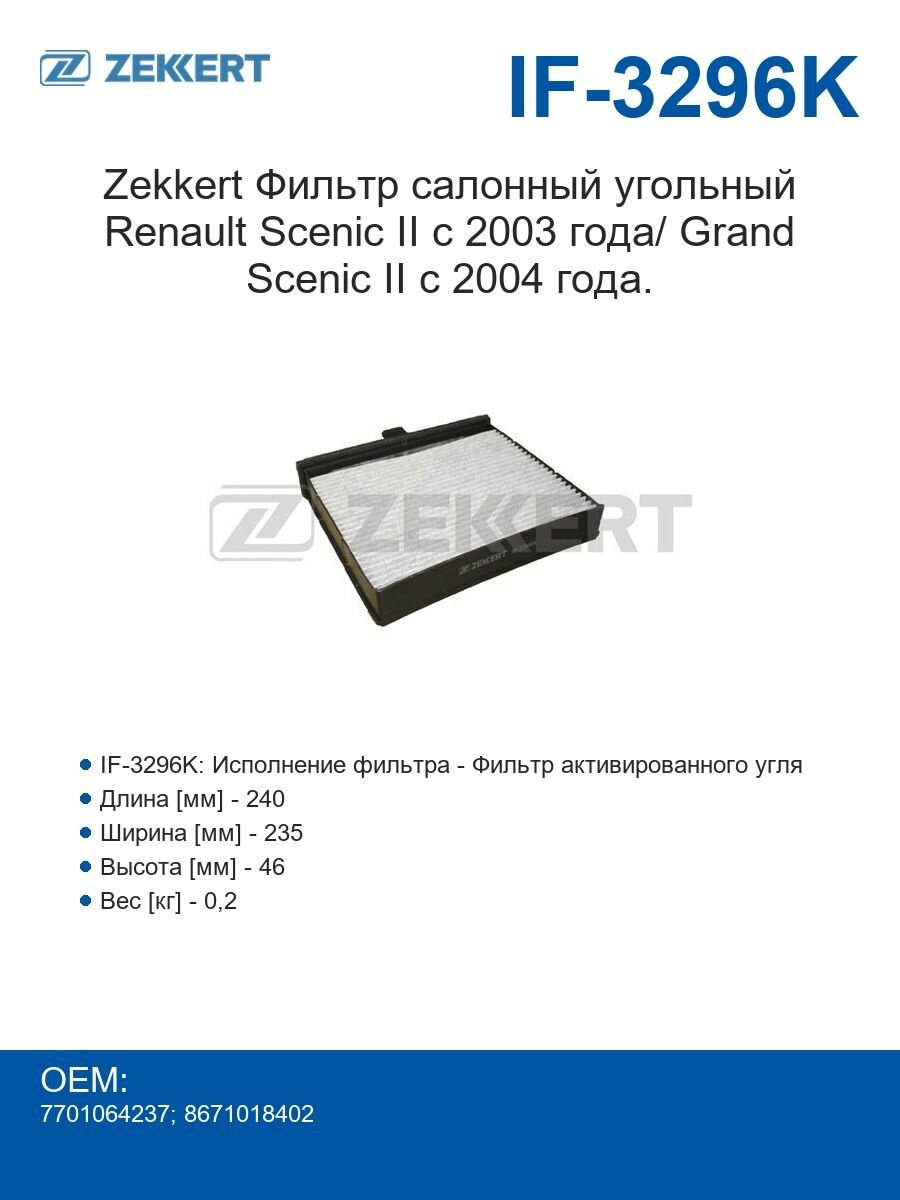 Zekkert Фильтр салонный угольный Renault Scenic II с 2003 года/ Grand Scenic II с 2004 года.