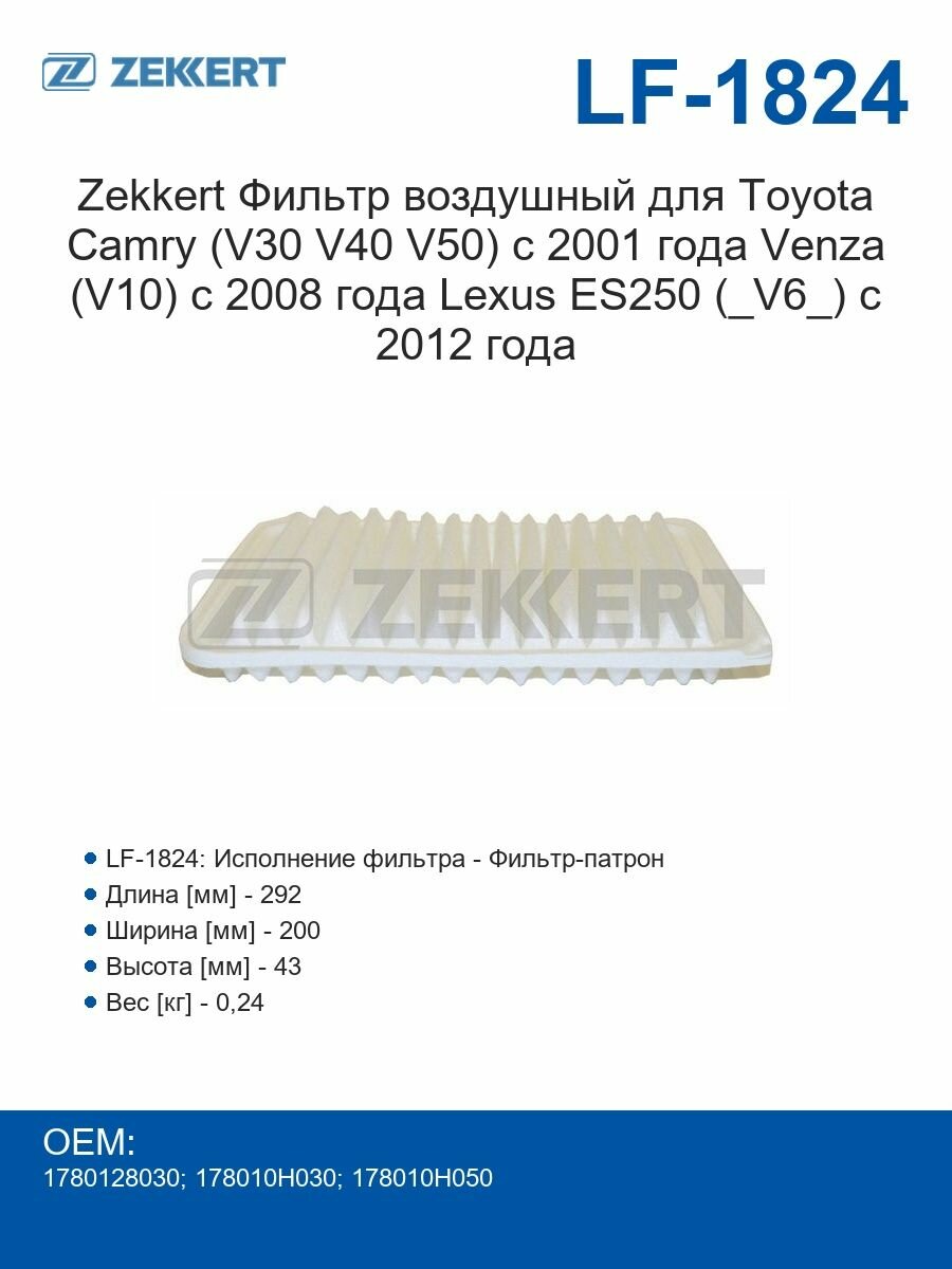 Zekkert Фильтр воздушный для Toyota Camry (V30 V40 V50) с 2001 года Venza (V10) с 2008 года Lexus ES250 (_V6_) с 2012 года