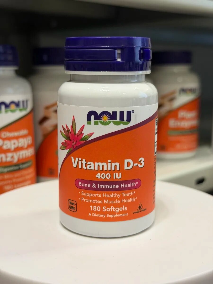 NOW Vitamin D-3 400 IU — витамин D3 для иммунитета, костей и усвоения кальция, 180 гелевых капсул