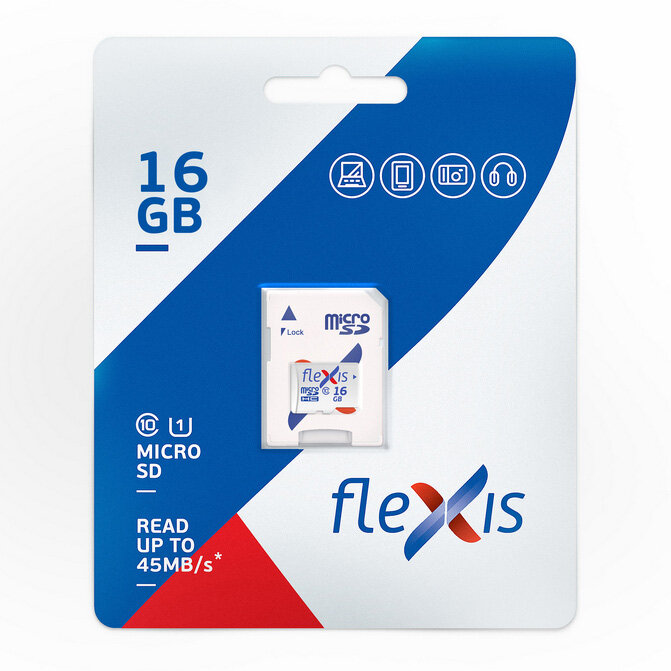 Карта памяти Flexis MicroSDHC 16GB UHS-I Class 10 U1, с адаптером