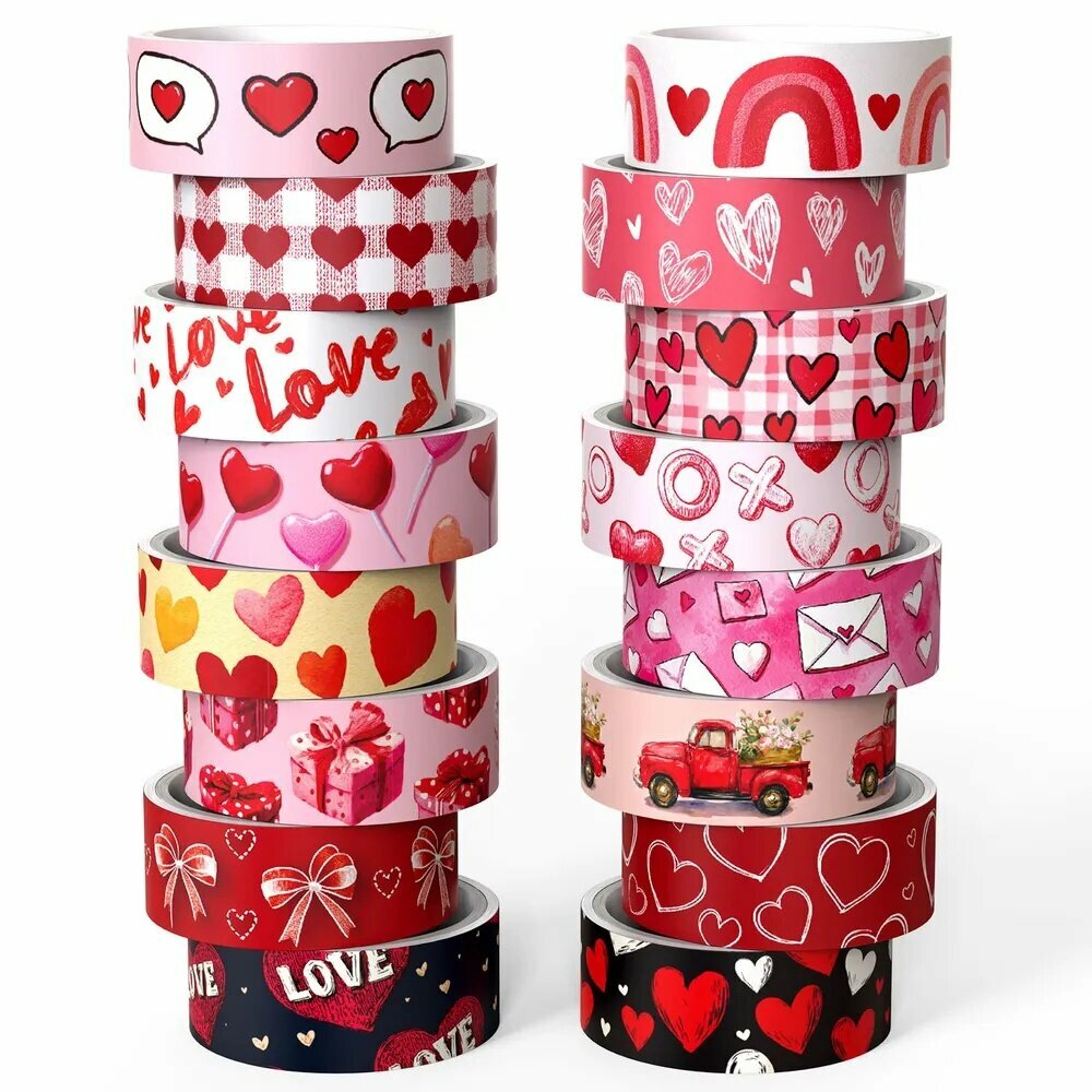 16 рулонов розовой декоративной ленты с тематикой Дня святого Валентина, каждый рулон длиной 3 метра и шириной 1,5 сантиметра.