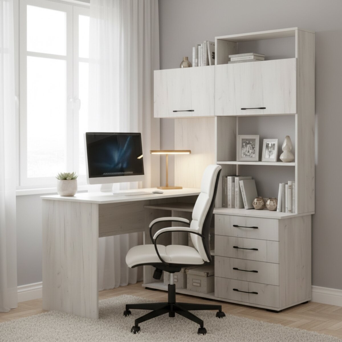 Стол компьютерный письменный угловой Памир ПКС-11 левый, с полкой надстройкой и выдвижными ящиками, дуб крафт белый