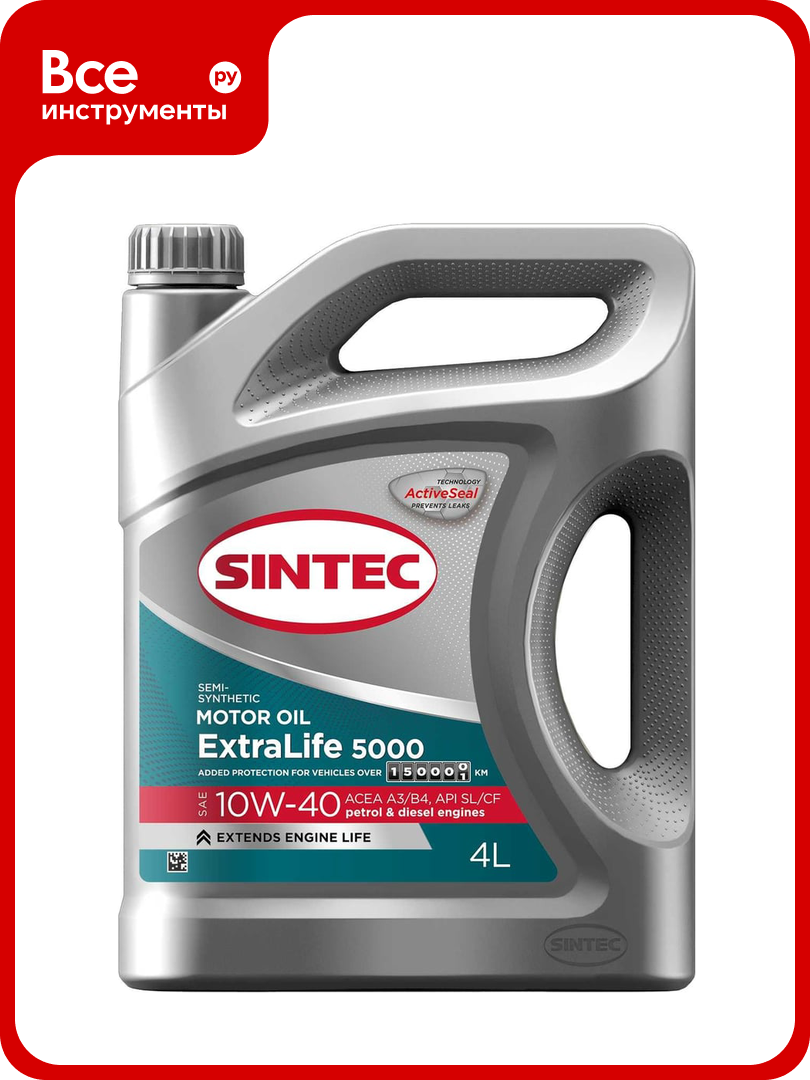 Моторное масло Sintec extralife 5000 sae 10w-40, api sl/cf, acea a3/b4, полусинтетическое, 4 л 600252
