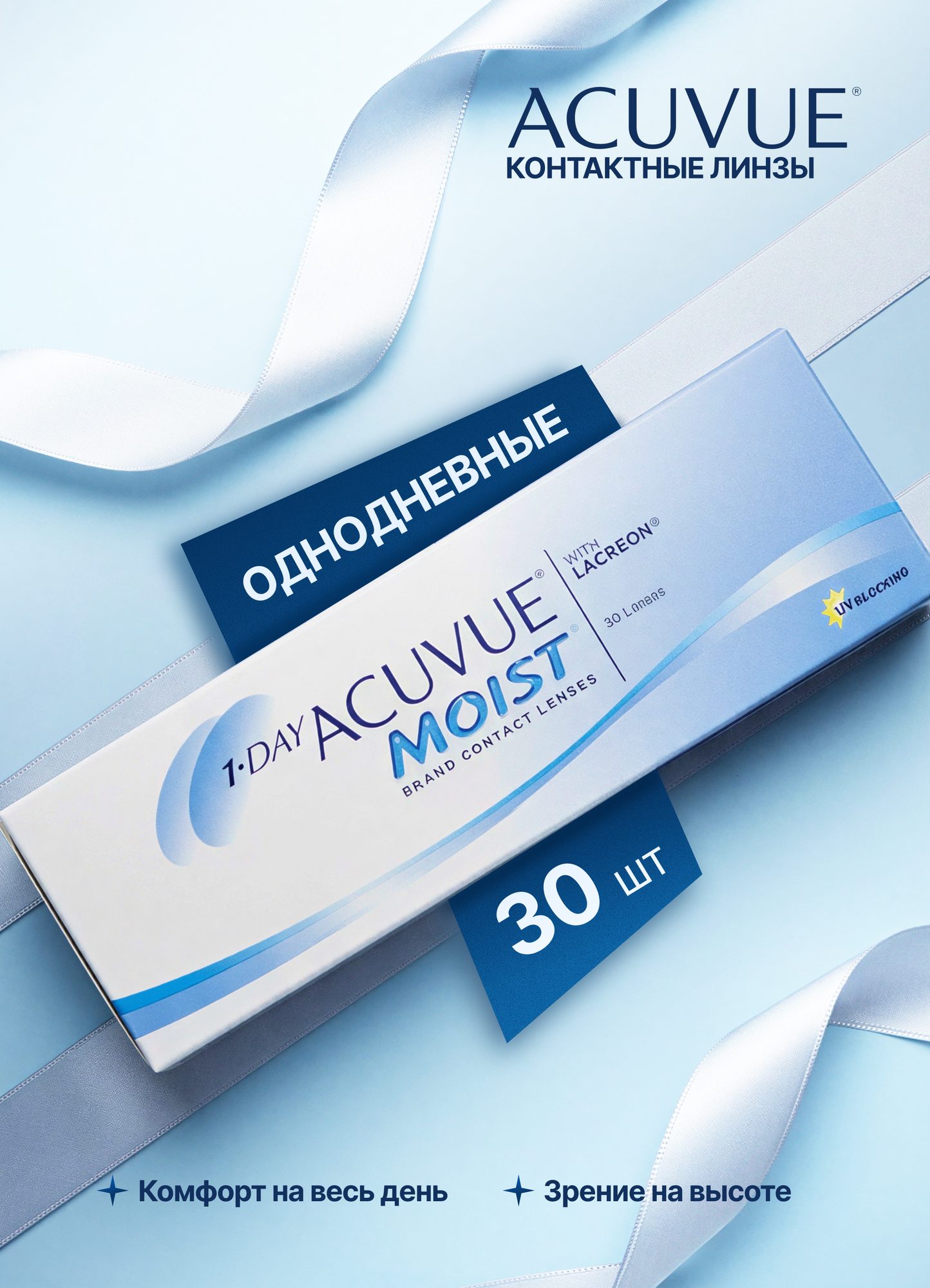 Контактные линзы 1-day Acuvue Moist, R 8.5, -2.0, однодневные, 30 штук