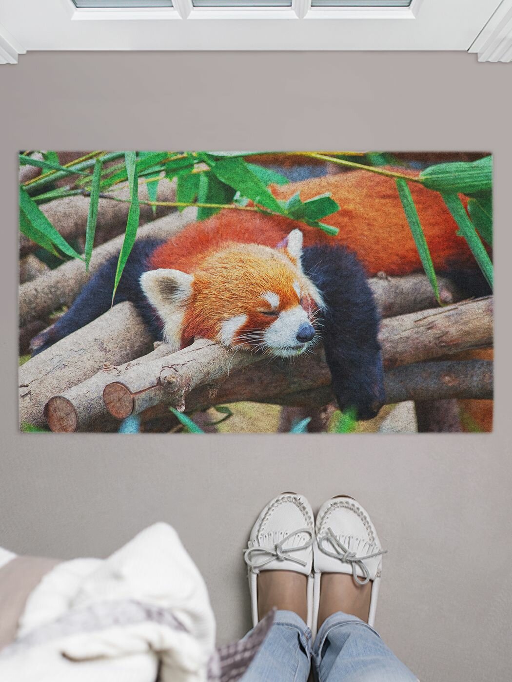 Коврик придверный в прихожую с принтом "Спящая панда" 45x75 см , JoyArty