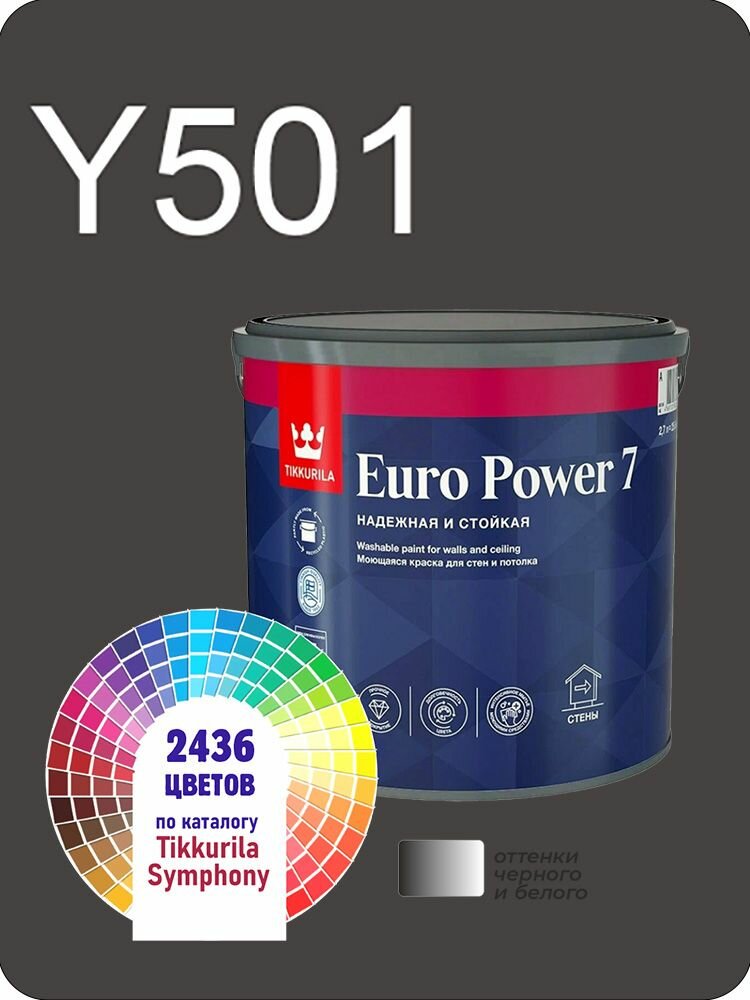 Краска для стен и потолков Tikkurila Euro Power7 2,7л. оттенки черного Y501
