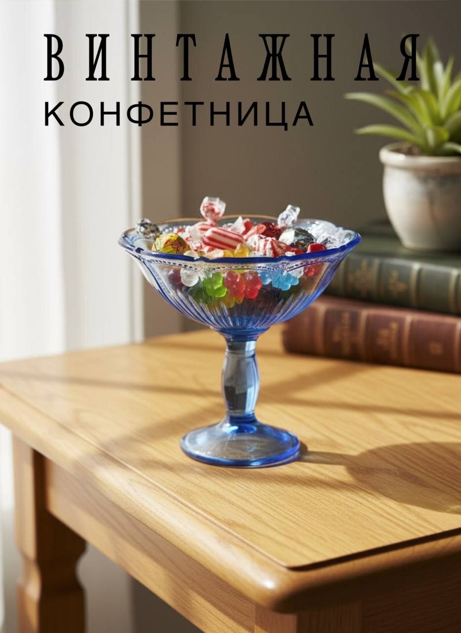 Винтажная конфетница "Синева". Цветное стекло Дятьковский з-д. СССР, 1970е.