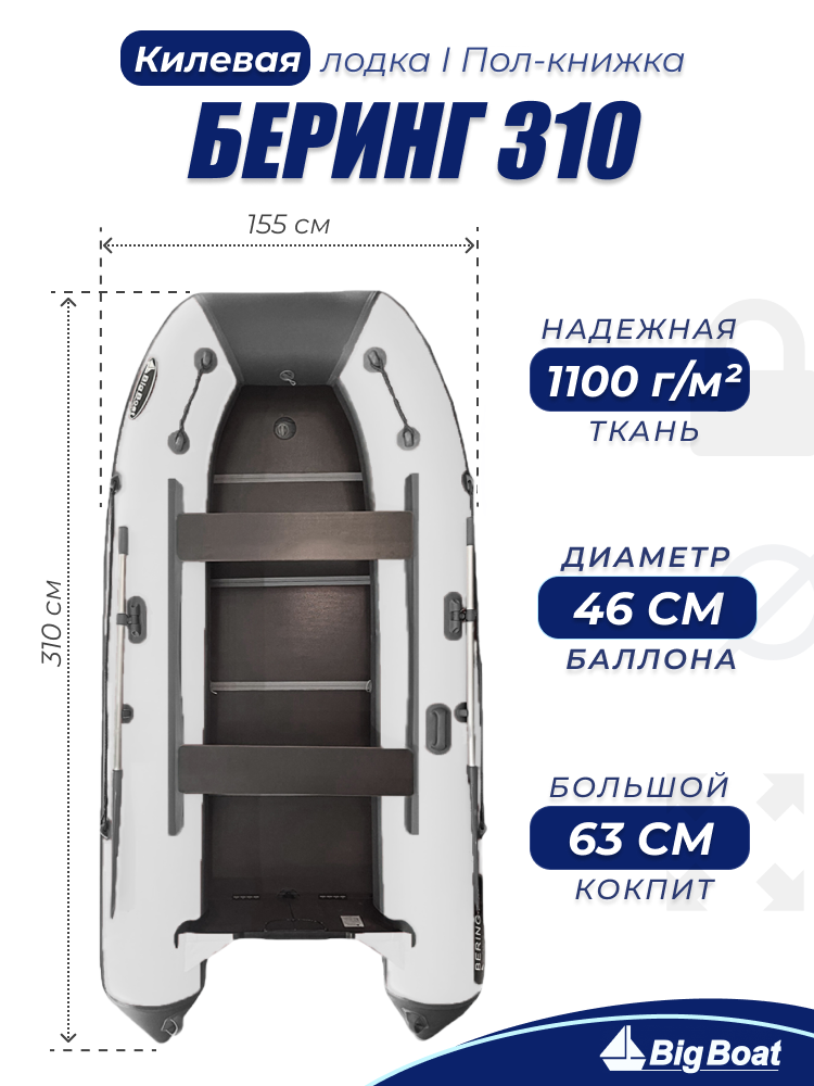 Надувная, под мотор, килевая лодка из ПВХ для рыбалки Bering (Беринг)310К пол-книжка