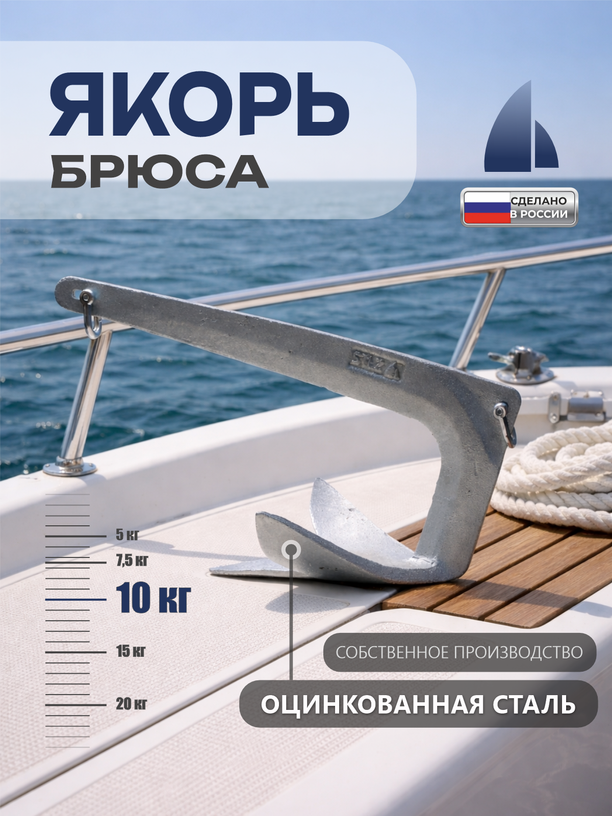 Якорь Брюса, 10кг, оцинкованный, бесштоковый, надёжный, для разных судов в комплекте с двумя скобами