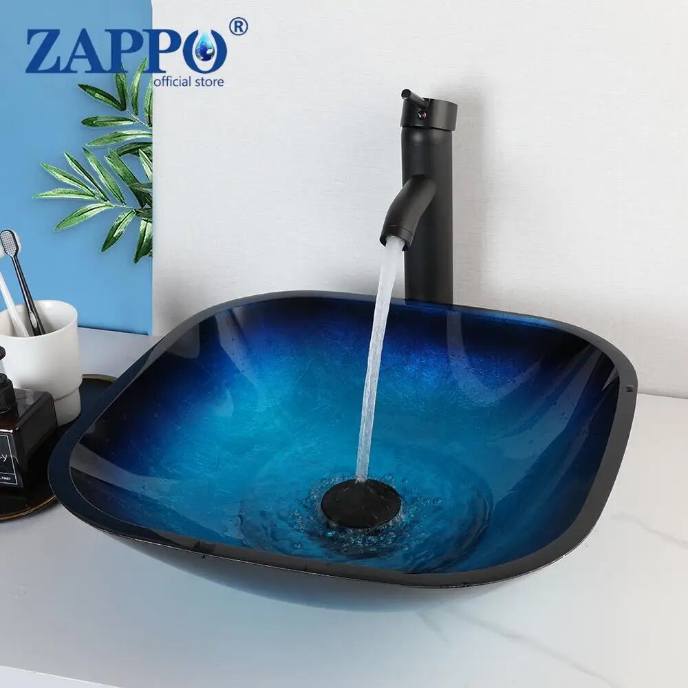 Ванна для ванной комнаты из закаленного стекла ZAPPO с водопадным черным краном, овальная синяя ванная ванна, раковина над счетчиком