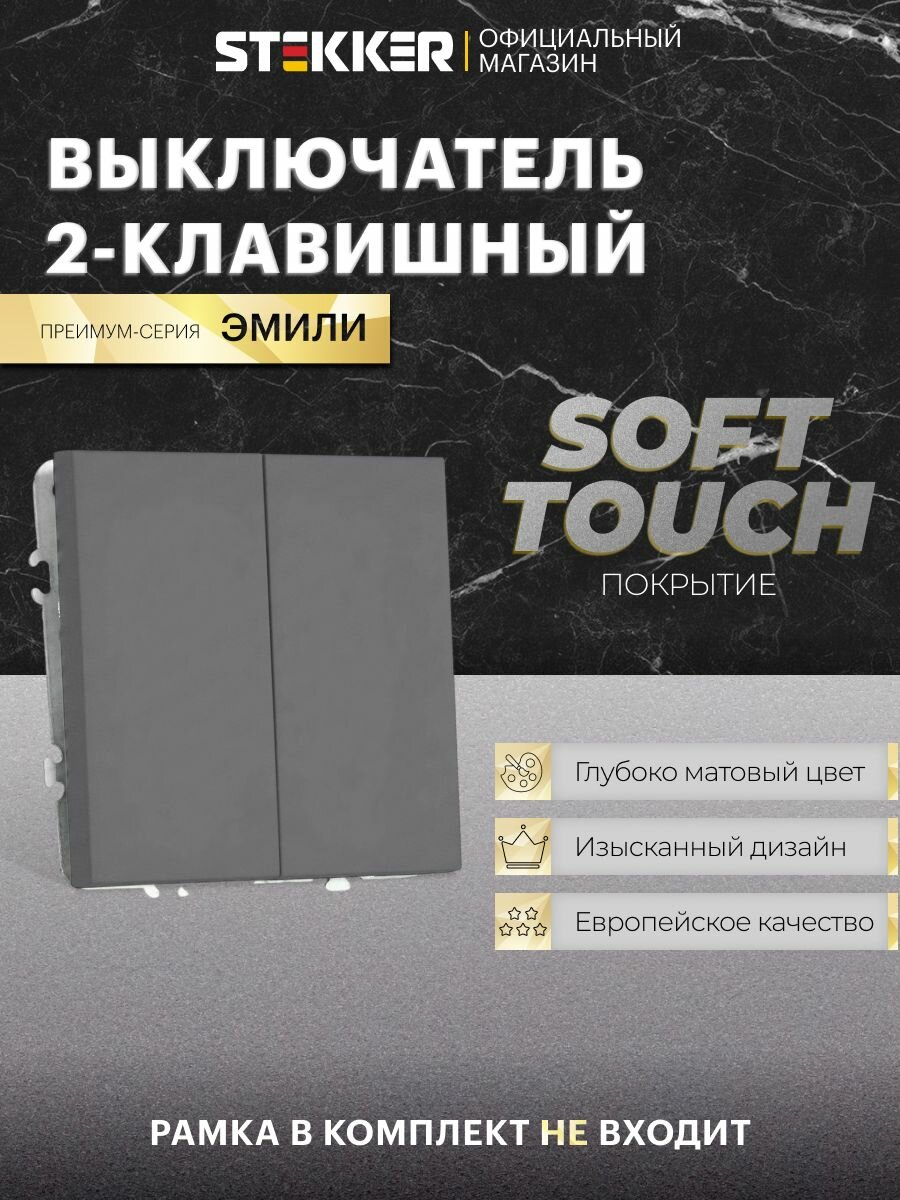 Выключатель двухклавишный встраиваемый, платиново-серый, 10А 250В, Stekker RSW10-5104-10 Эмили 49944