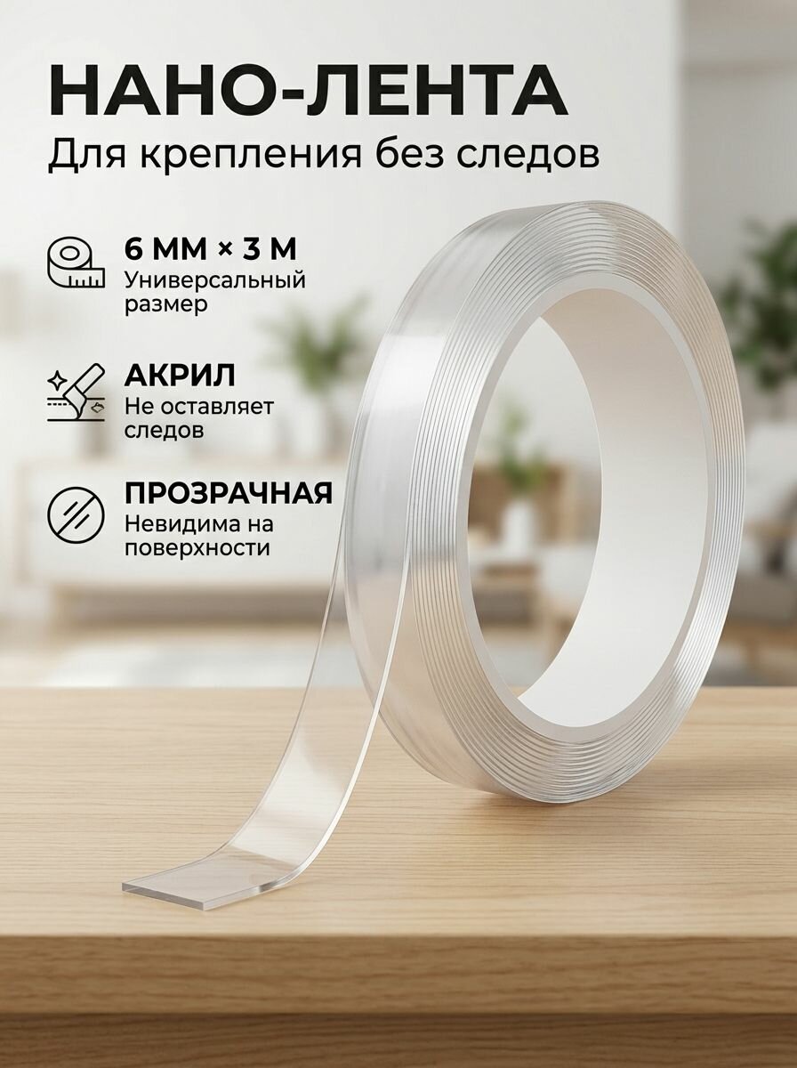 Клейкая нано лента TORSO, прозрачная, двусторонняя, акриловая 6 мм х 3 м