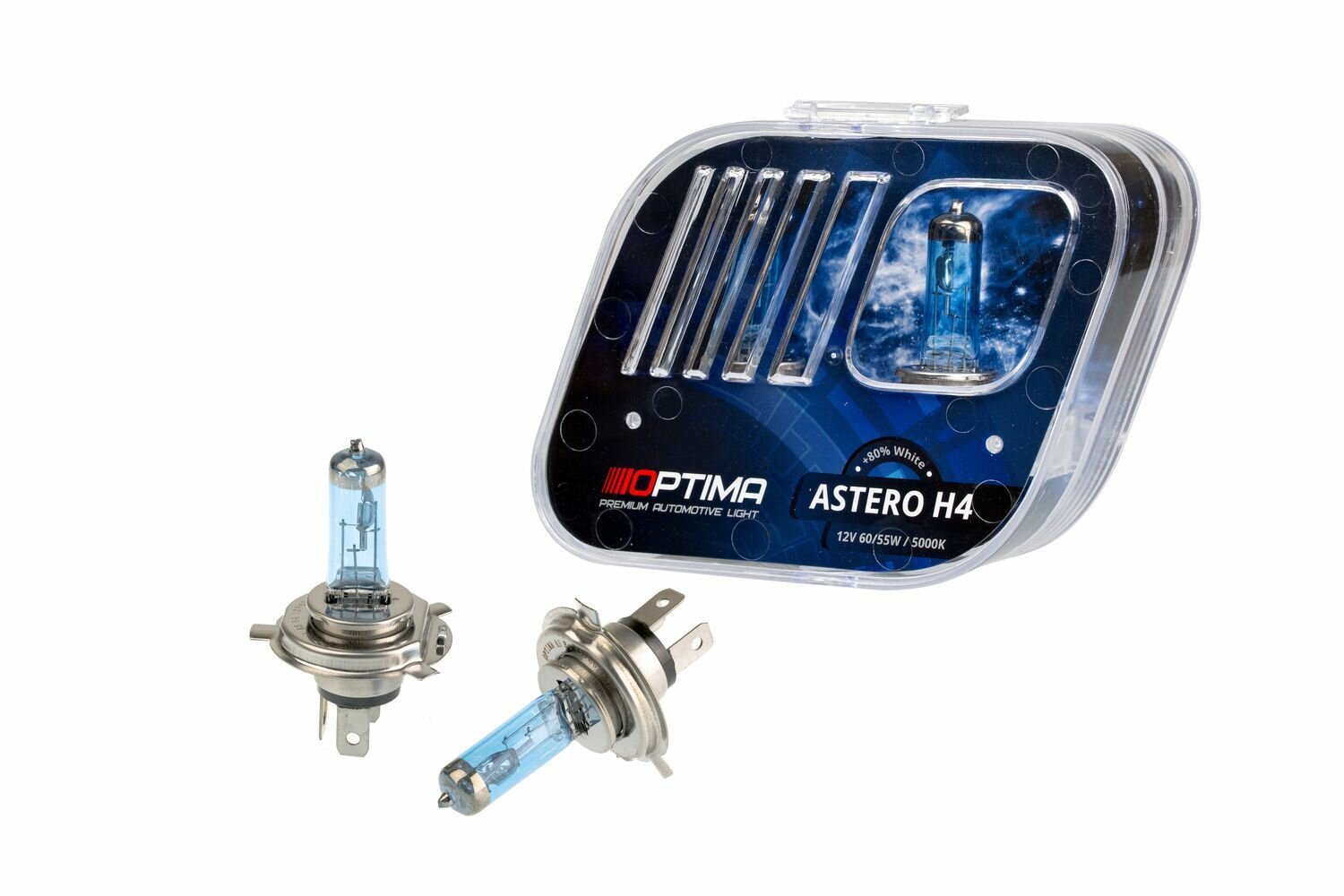 Галогенные лампы Optima Astero H4 +80% White 5000K, 12V, 60/55W, комплект - 2 лампы